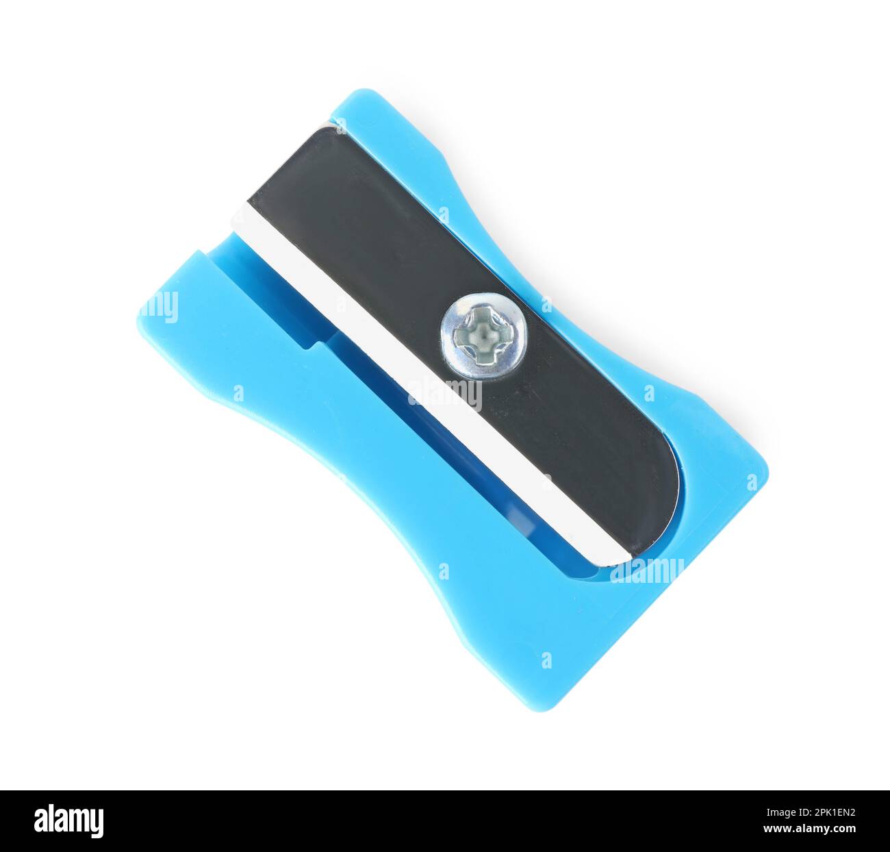 Plastic light blue pencil sharpener isolated on white, top view Stock ...