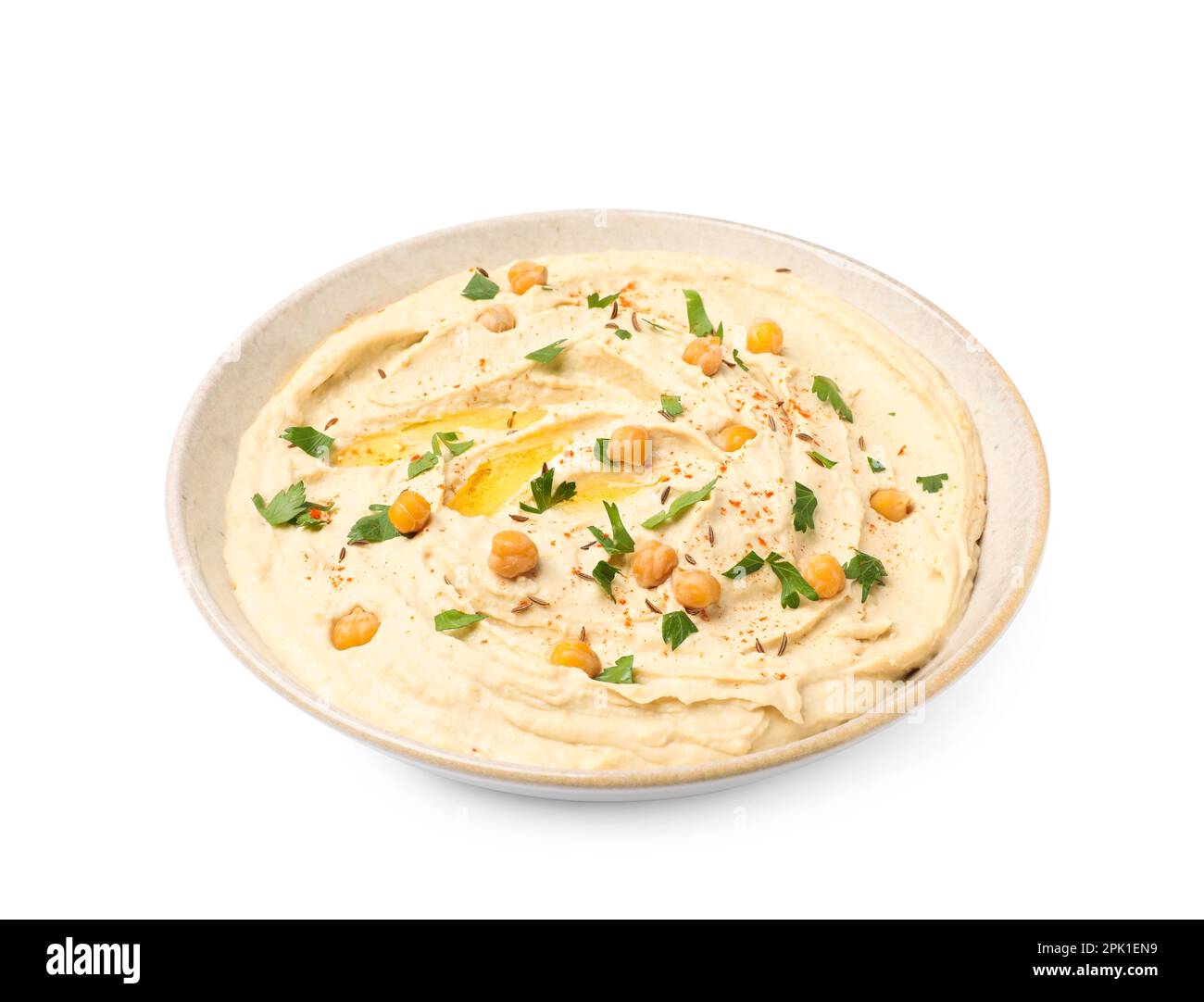 Tasty hummus with garnish in bowl isolated on white Stock Photo - Alamy