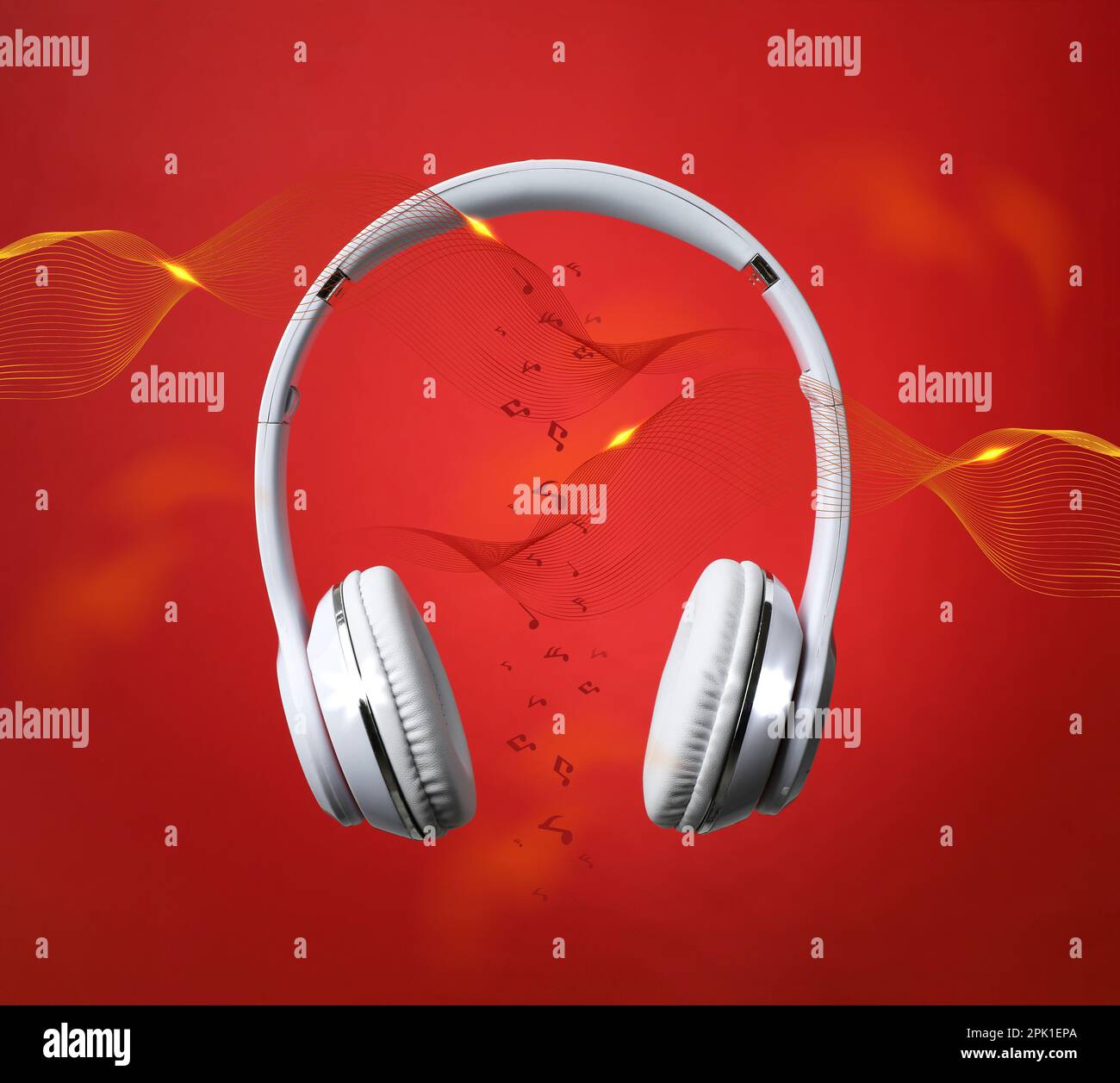 Modern headphones and illustration of dynamic sound waves on red ...