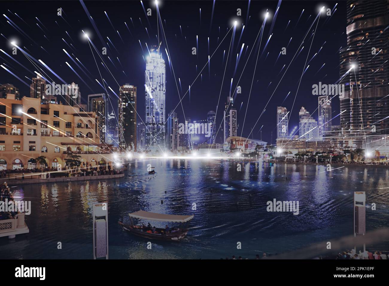 Beautiful night cityscape and network connection lines. Internet ...