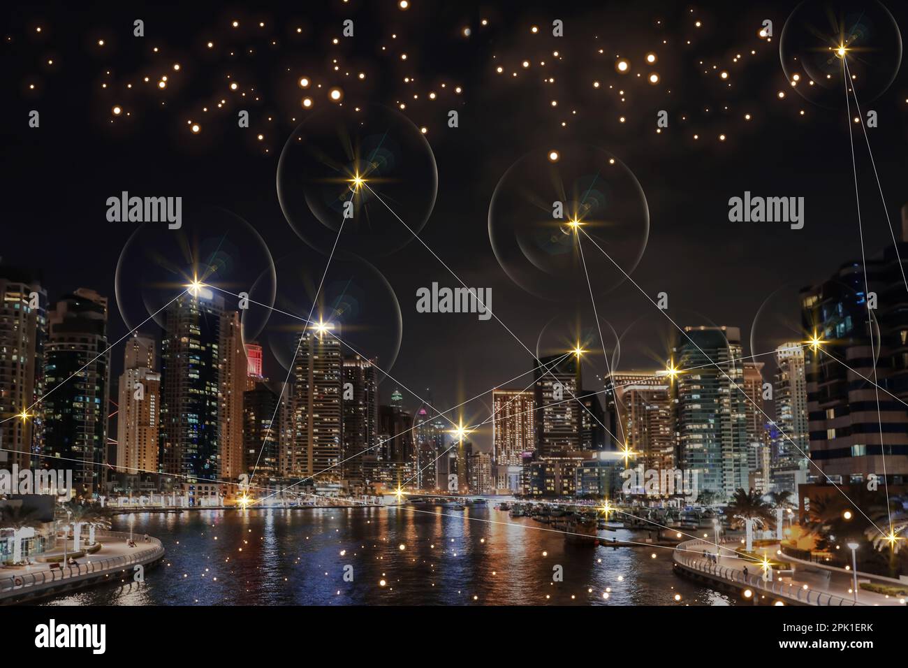 Beautiful night cityscape and network connection lines. Internet ...