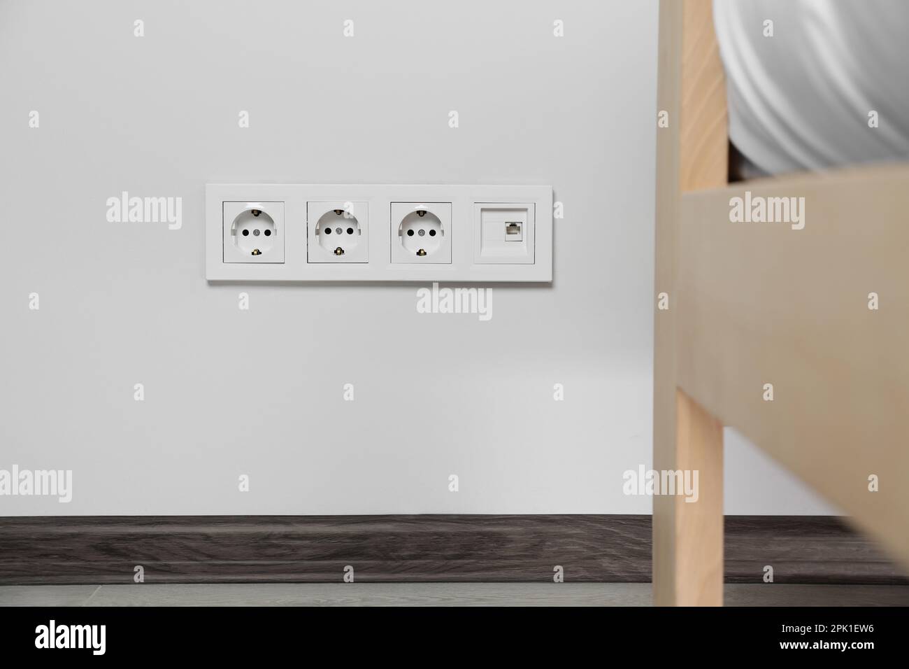 Power sockets on white wall indoors. Electrical supply Stock Photo - Alamy