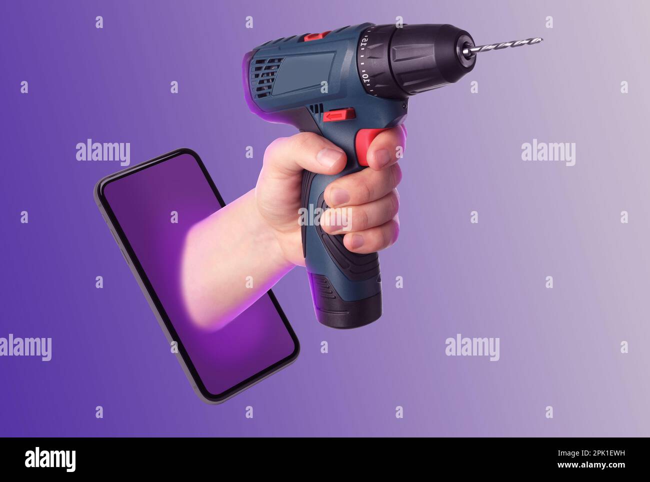 Repair service - just call. Closeup view of man with electric power ...