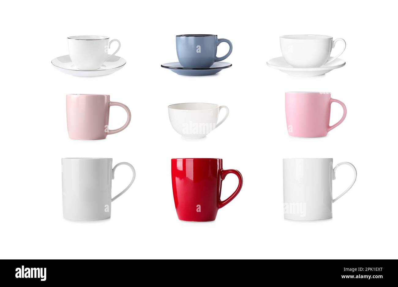 Set with different beautiful cups on white background Stock Photo - Alamy