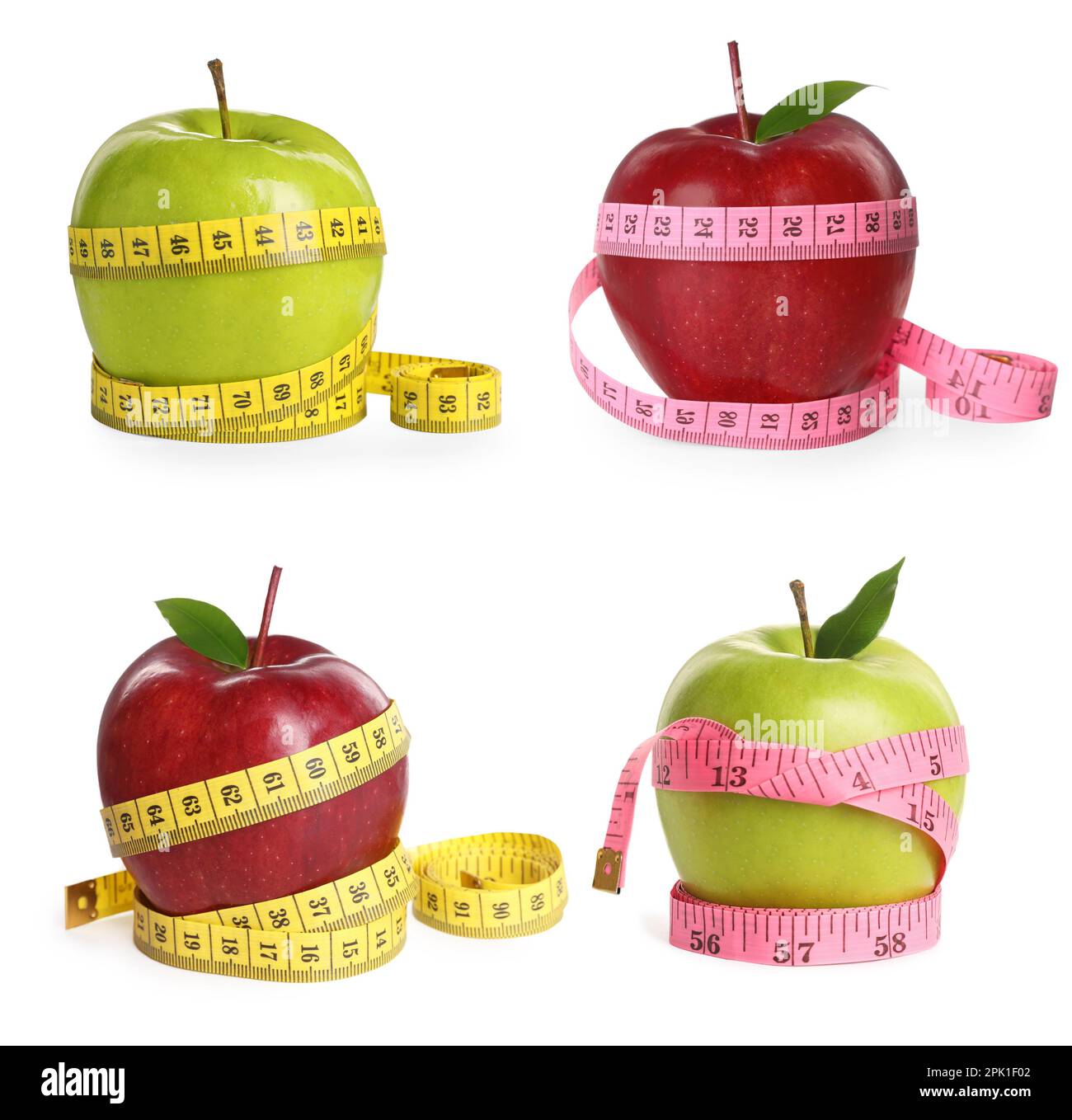Set of fresh ripe apples with measuring tapes on white background Stock ...