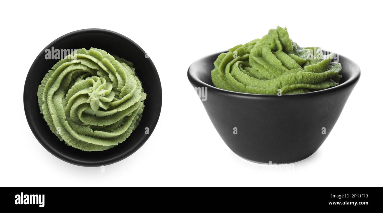 Bowls with spicy wasabi paste on white background. Banner design Stock ...