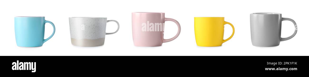 Set with different beautiful cups on white background. Banner design ...