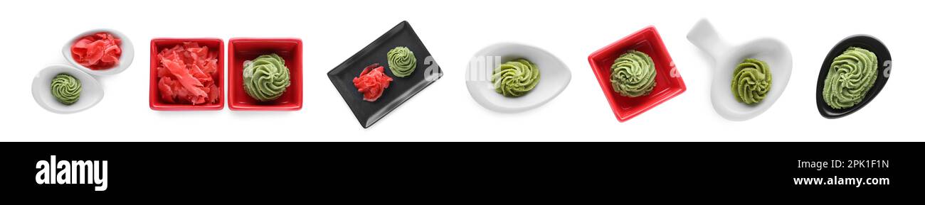 Set with spicy wasabi paste and pickled ginger on white background, top ...