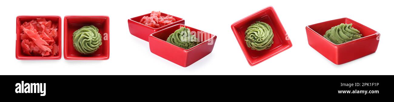 Set with spicy wasabi paste and pickled ginger on white background ...