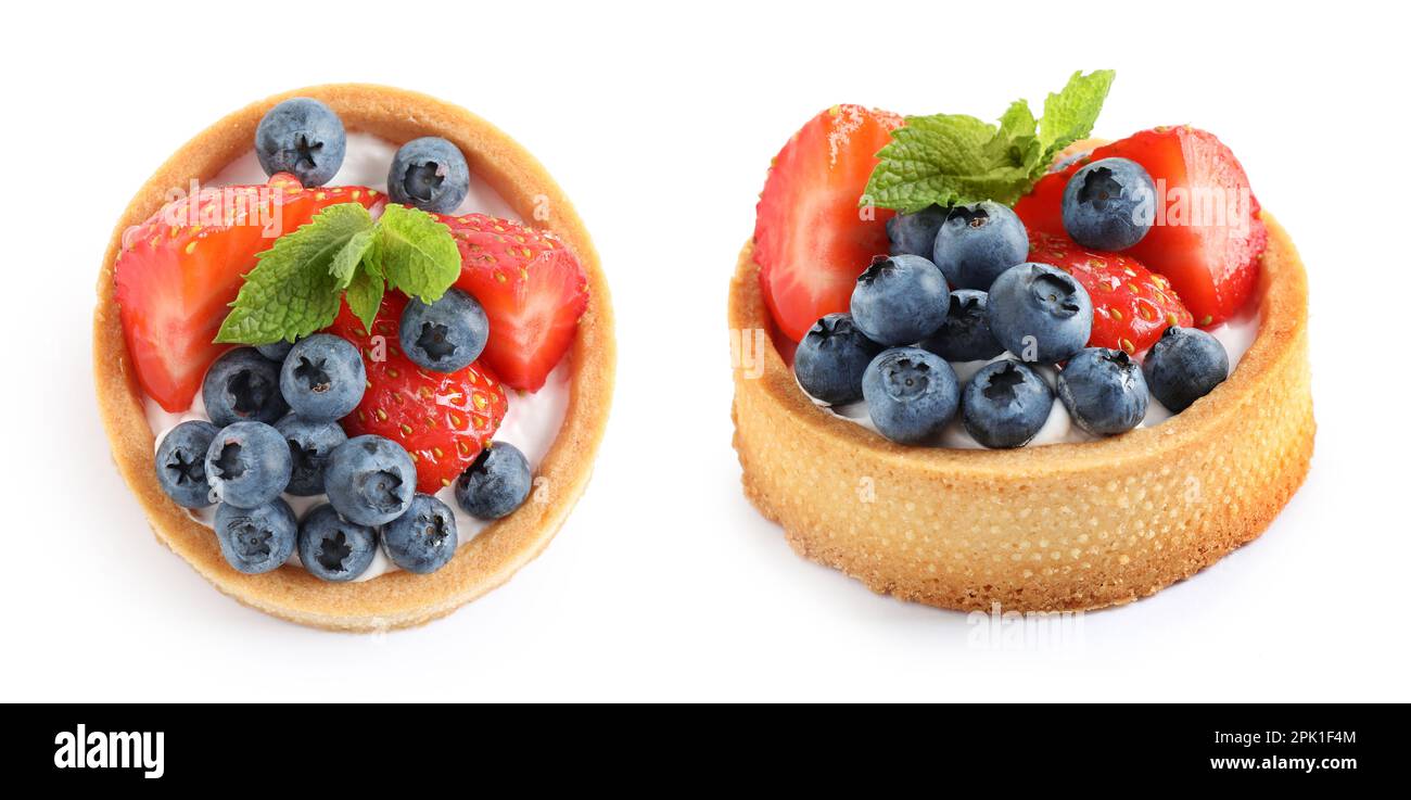 Tasty sweet tartlets with fresh berries on white background. Banner ...