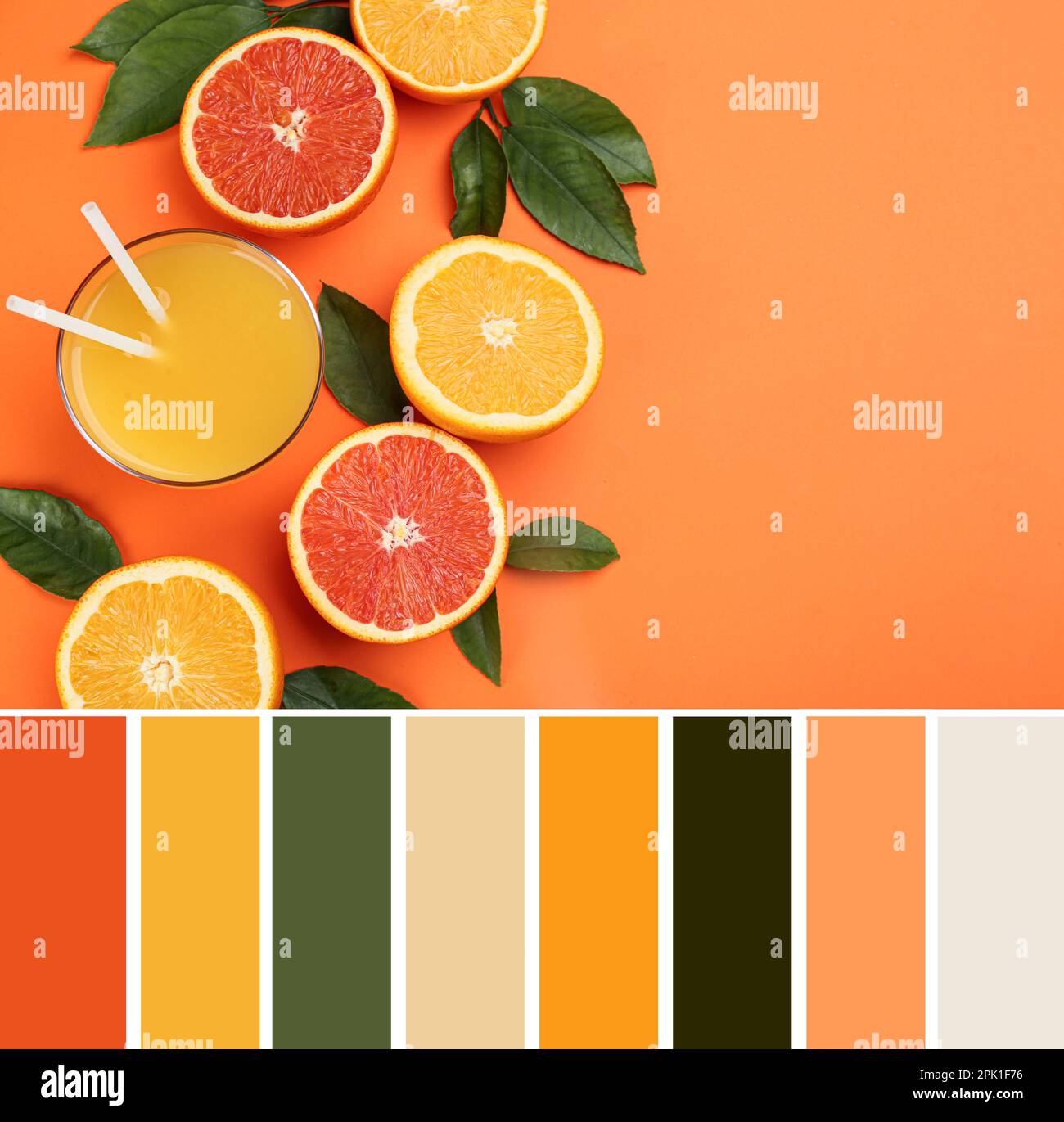 Color palette and delicious juice and fresh fruits on pale orange ...