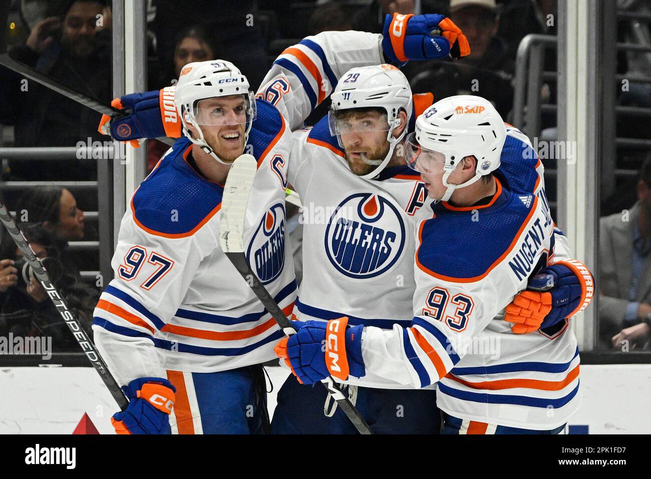 Edmonton Oilers center Leon Draisaitl, center, celebrates his goal with ...