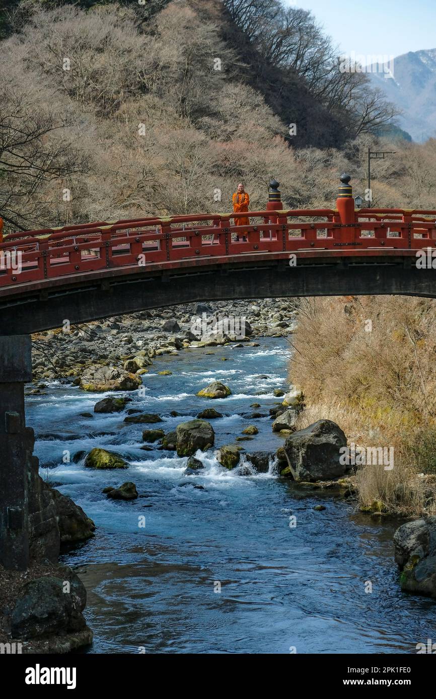 Nikko, Japan - March 11, 2023: A buddhist monk on the Shinkyo Bridge in ...