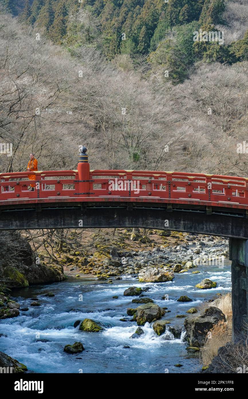 Nikko, Japan - March 11, 2023: A buddhist monk on the Shinkyo Bridge in ...