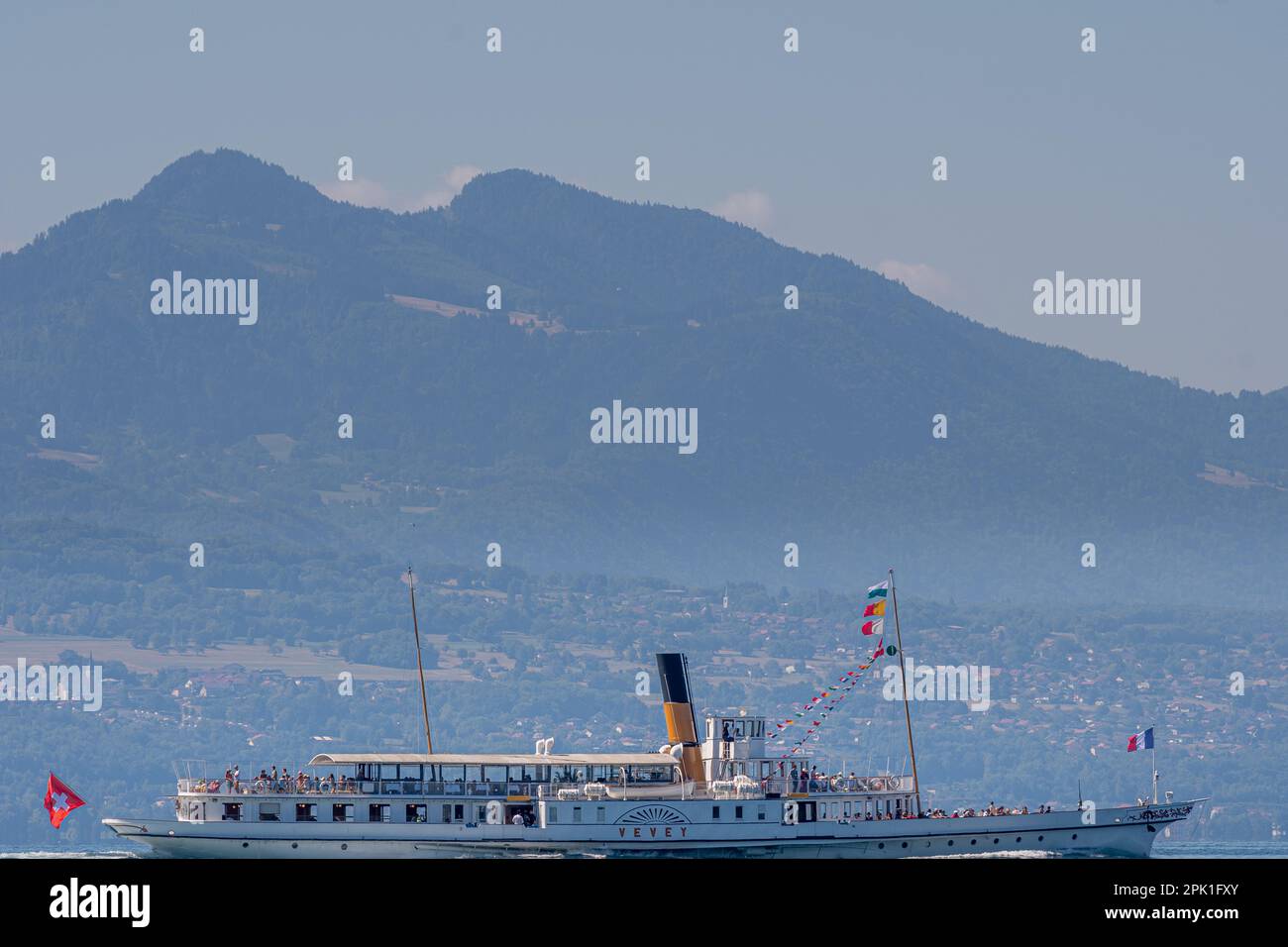 Boat on water. Swiss steamboat with passengers on Lake Geneva. CGN boat ...