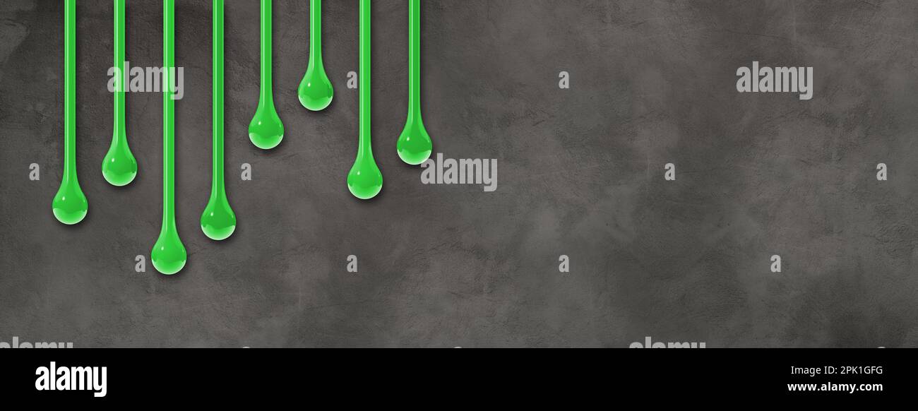 Green ink drops isolated on dark concrete wall. Horizontal banner. 3D ...
