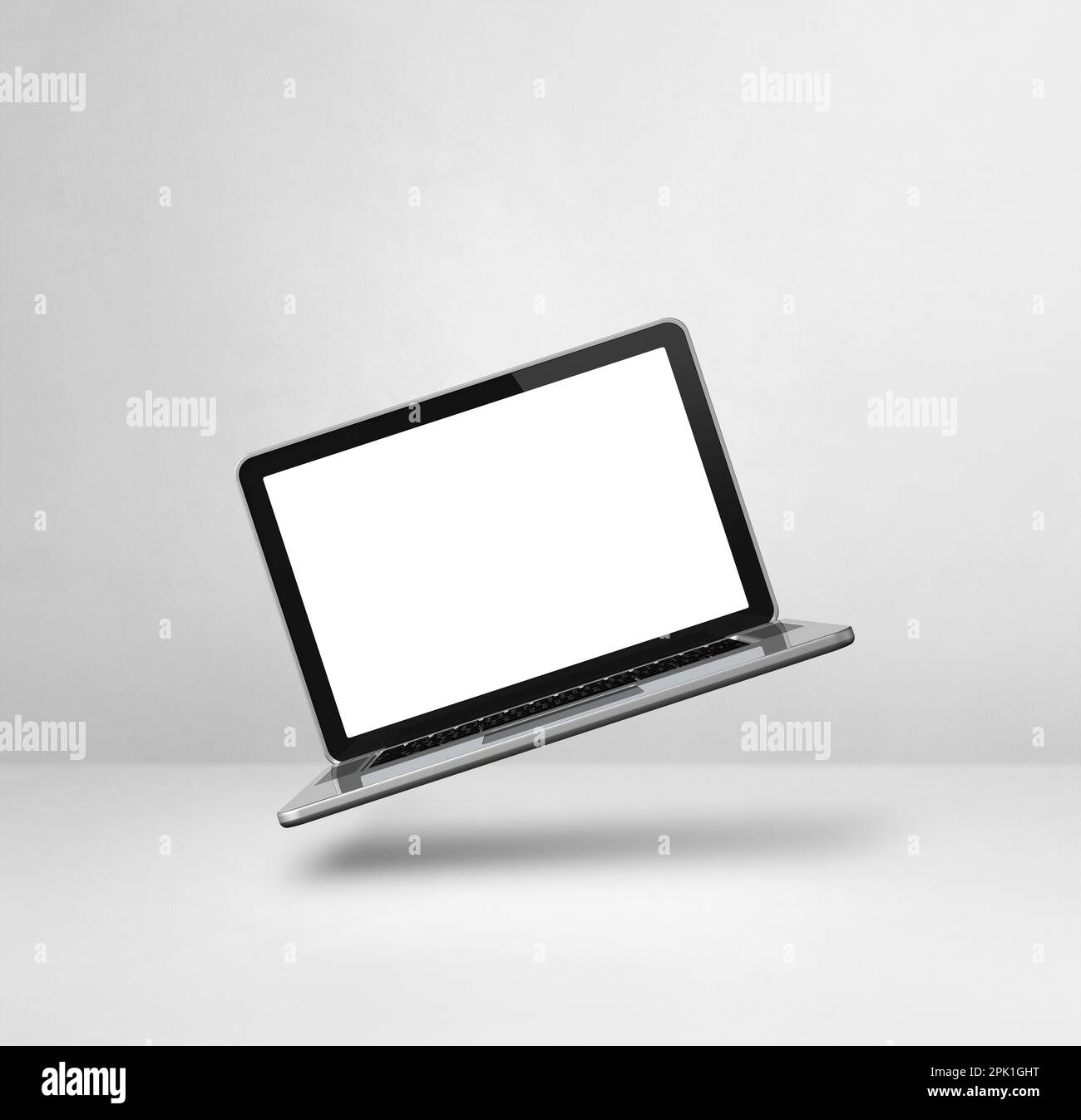 Blank computer laptop floating over a white background. 3D isolated ...