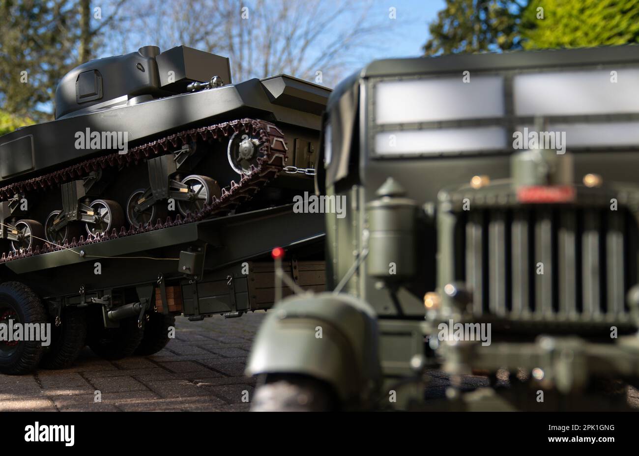 An 8ft remote control model tank and model tank transporter lorry which ...