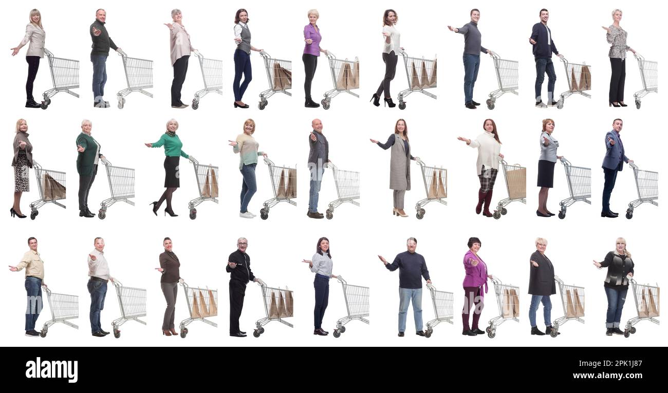 group of people with shopping cart on white Stock Photo - Alamy