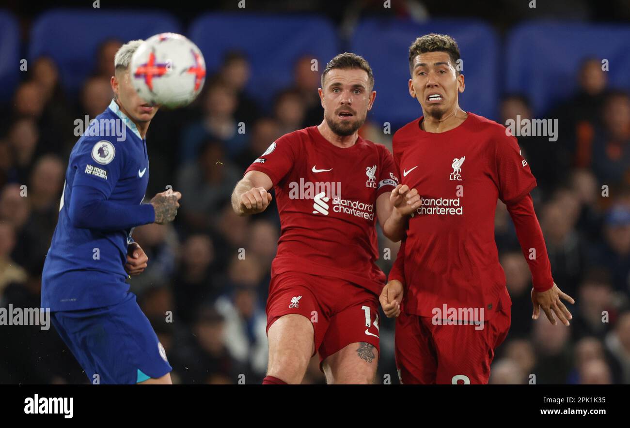 London, UK. 04th Apr, 2023. Enzo Fernandez (C) Jordan Henderson (L ...