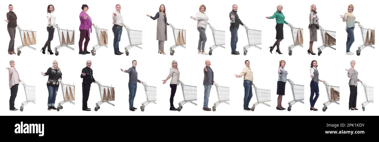 group of people with shopping cart on white Stock Photo - Alamy
