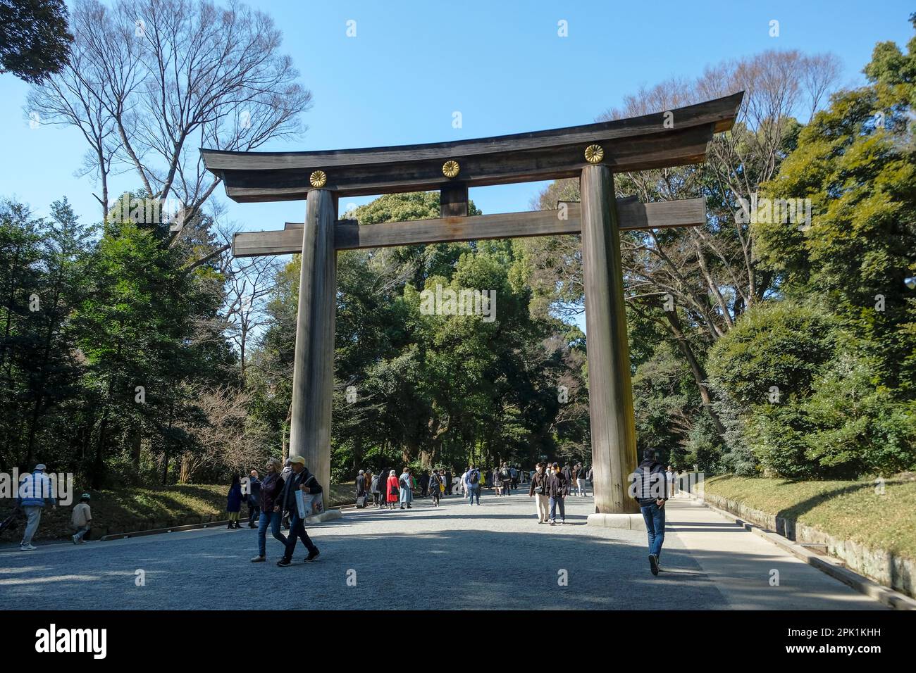 Tokyo, Japan - March 4, 2023: Torii indicating the way to the Meiji ...