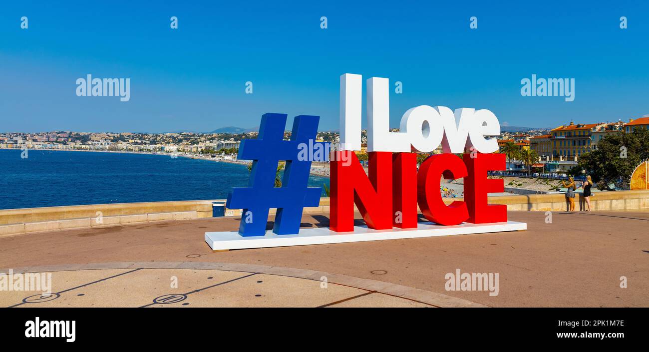 Nice, France - August 5, 2022: I love Nice sign at Quai Rauba Capeu ...