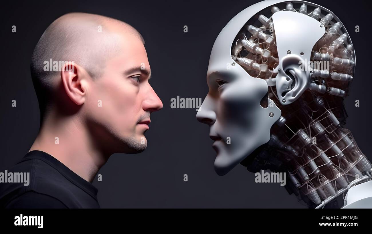 Man and AI robot look at each other. Concept and idea of human and ... Man and AI robot look at each other. Concept and idea of human and ...