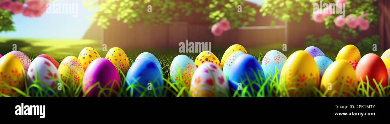 Fresh spring background with easter eggs banner green juicy meadow ...