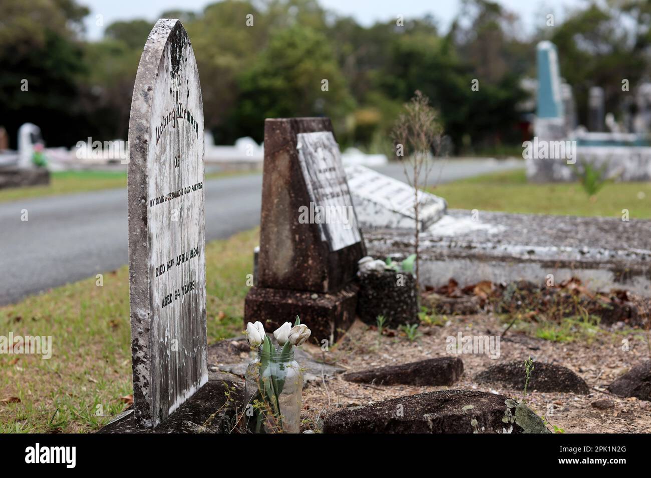 A few images of grave sites with headstones, flowers and death, at a ...
