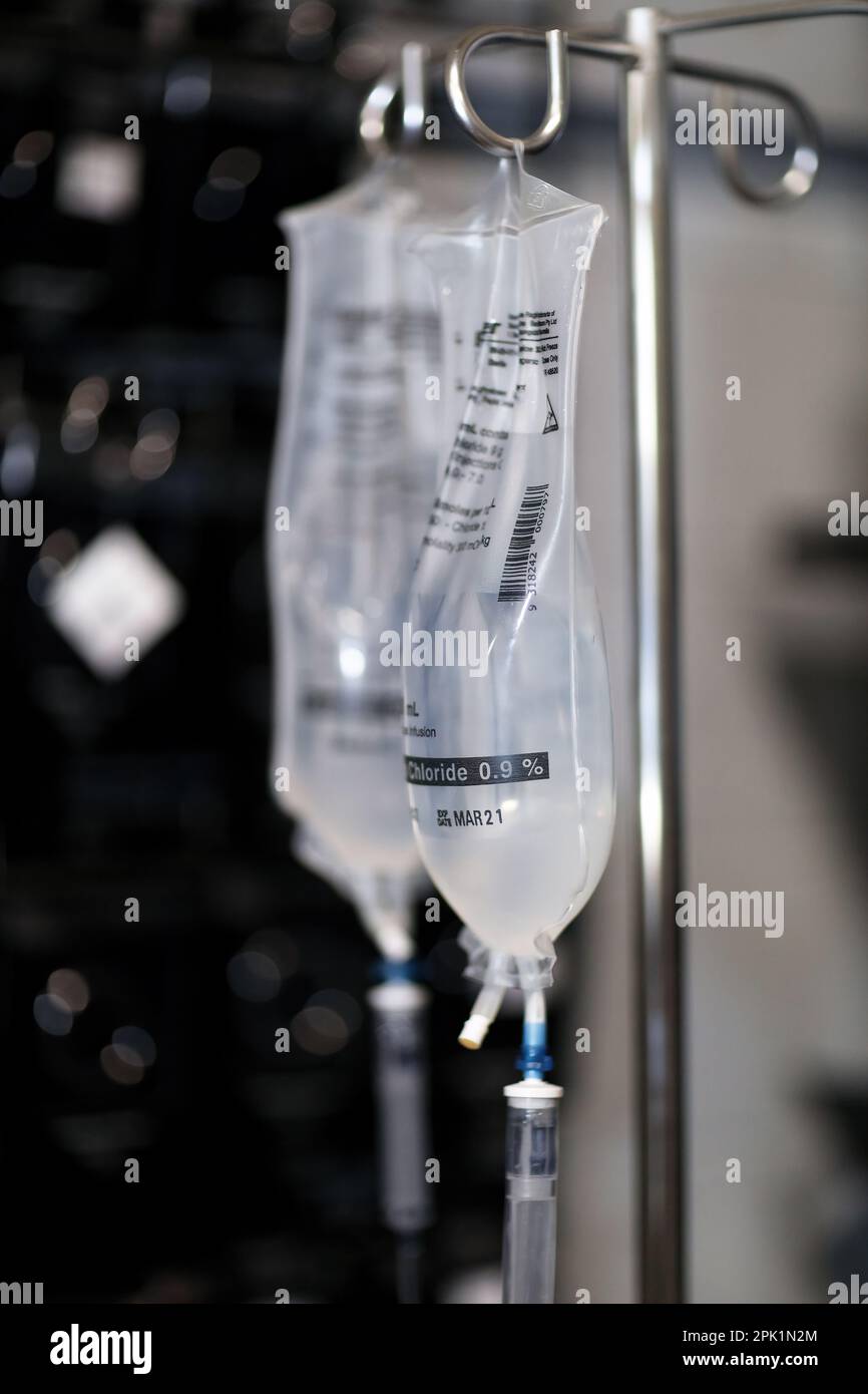 Medical equipment, rack, medicine, bags, saline Stock Photo - Alamy