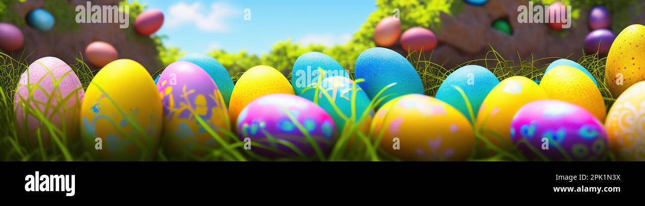 Fresh spring background with easter eggs banner green juicy meadow ...