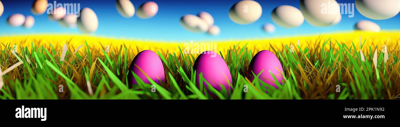 Fresh spring background with easter eggs banner green juicy meadow ...