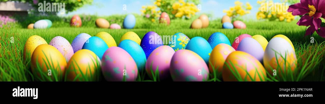 Fresh spring background with easter eggs banner green juicy meadow ...