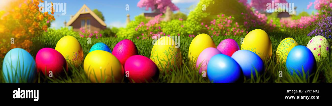 Fresh spring background with easter eggs banner green juicy meadow ...