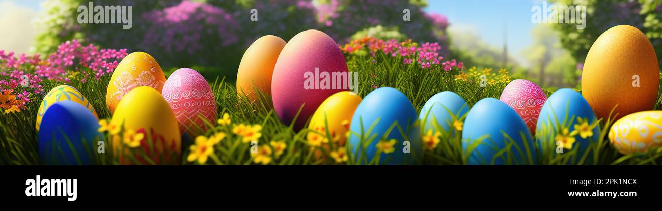 Fresh spring background with easter eggs banner green juicy meadow ...