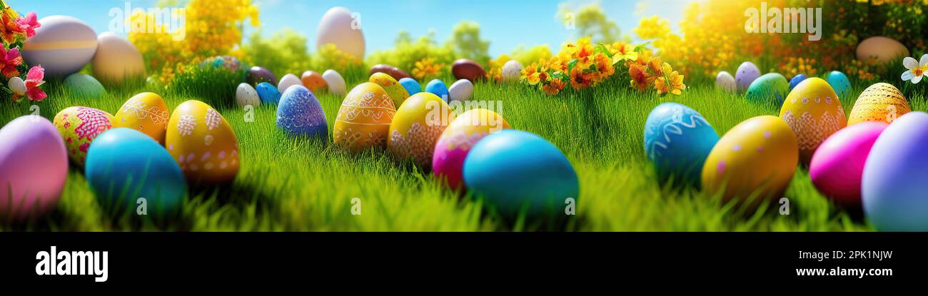 Fresh spring background with easter eggs banner green juicy meadow ...
