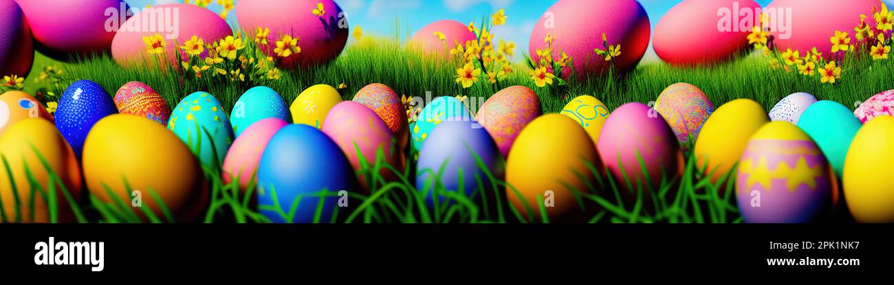 Fresh spring background with easter eggs banner green juicy meadow ...