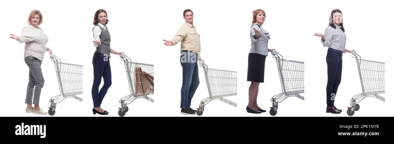 group of people with shopping cart on white Stock Photo - Alamy