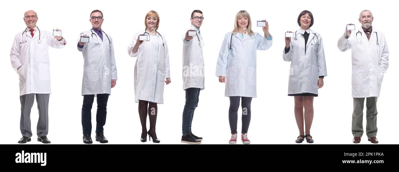 full length group of doctors showing badge isolated Stock Photo - Alamy