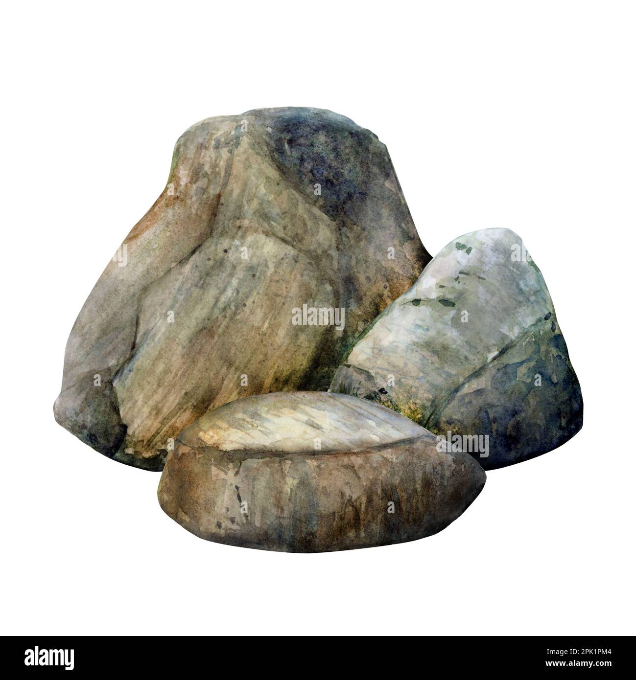 Watercolor drawn group of bottom stones on white background. Underwater ...