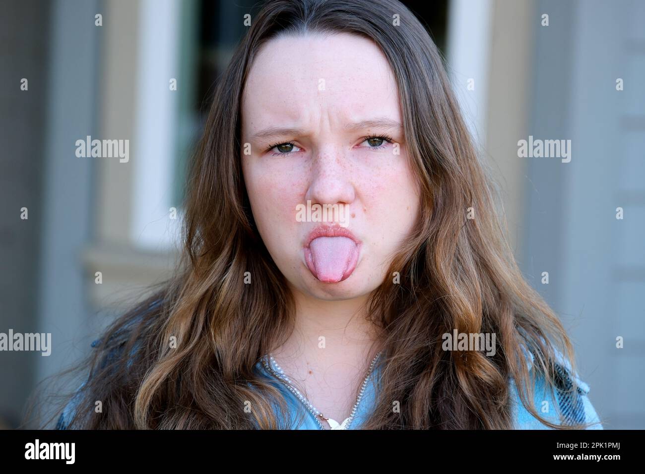 young girl angry teenager stuck out her tongue looks into frame close ...