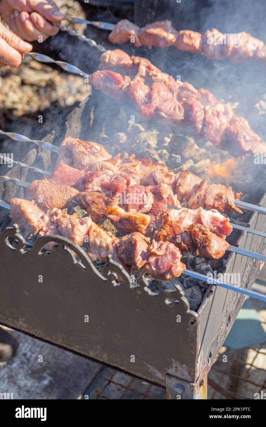 Grilled kebab cooking on metal skewer. Roasted meat cooked at barbecue ...