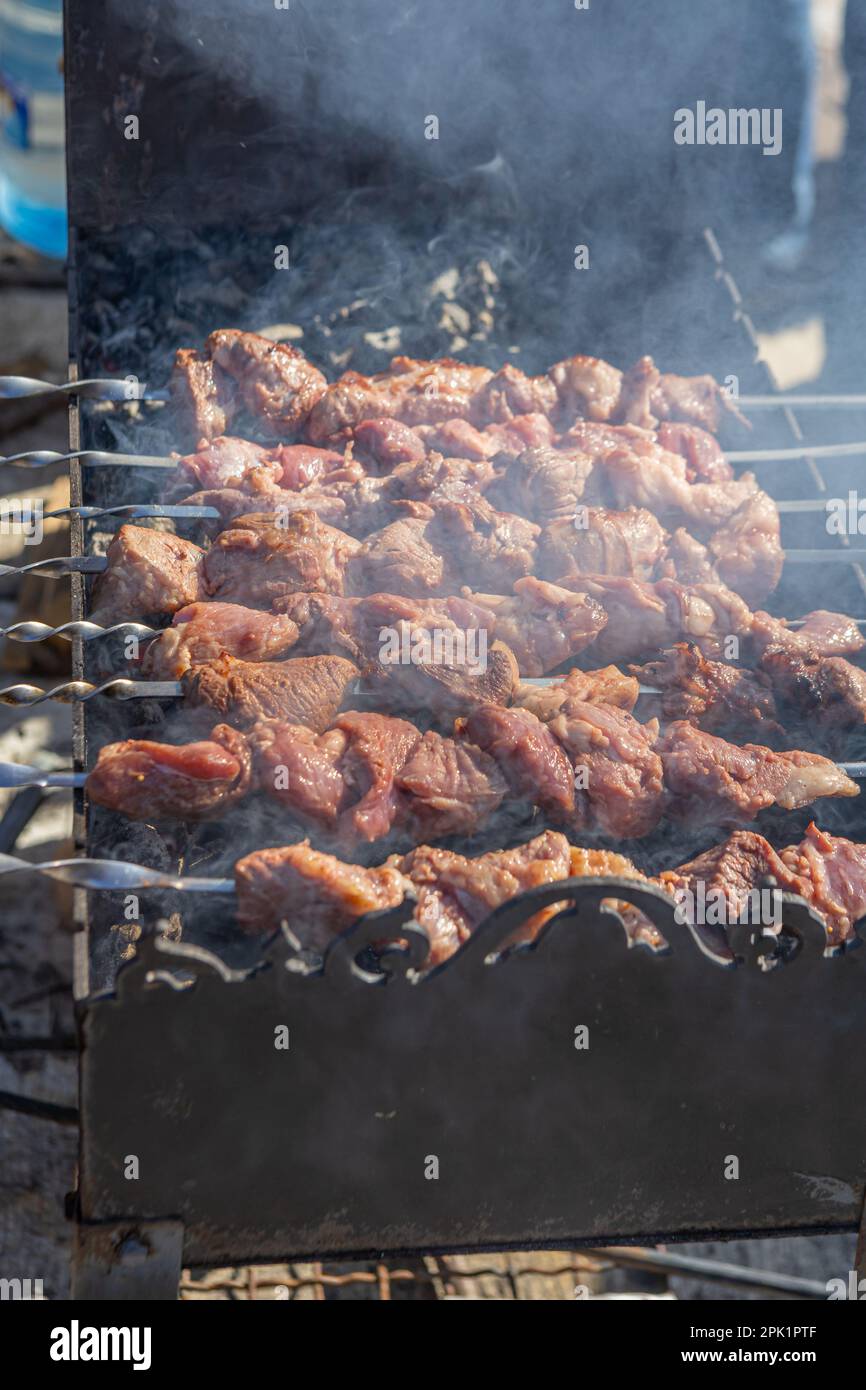 Grilled kebab cooking on metal skewer. Roasted meat cooked at barbecue ...