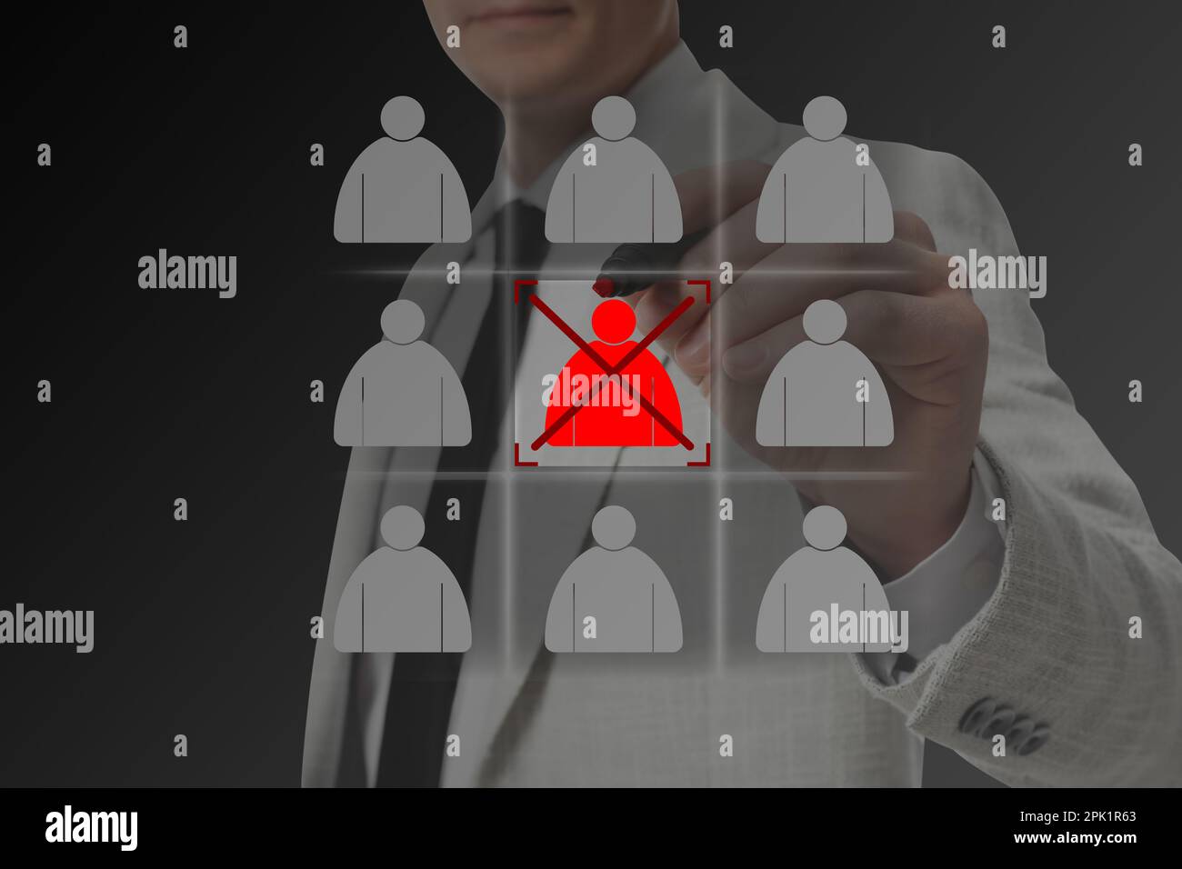 Deciding whether to dismiss employee. Man with marker near virtual ...