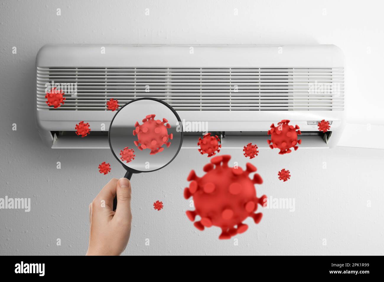 Spreading of viruses. Woman with magnifying glass and contaminated air ...