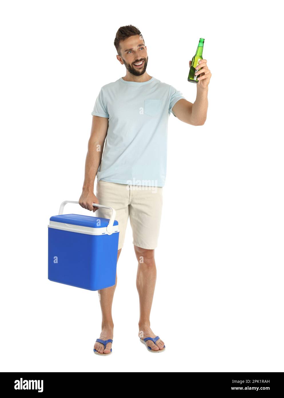 Happy man with cool box and bottle of beer on white background Stock ...