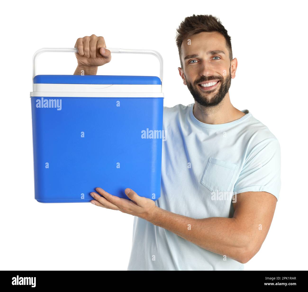 Happy man with cool box on white background Stock Photo - Alamy