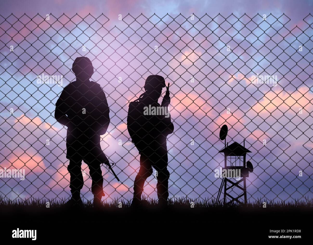 Silhouettes of border guards at post outdoors in evening Stock Photo ...