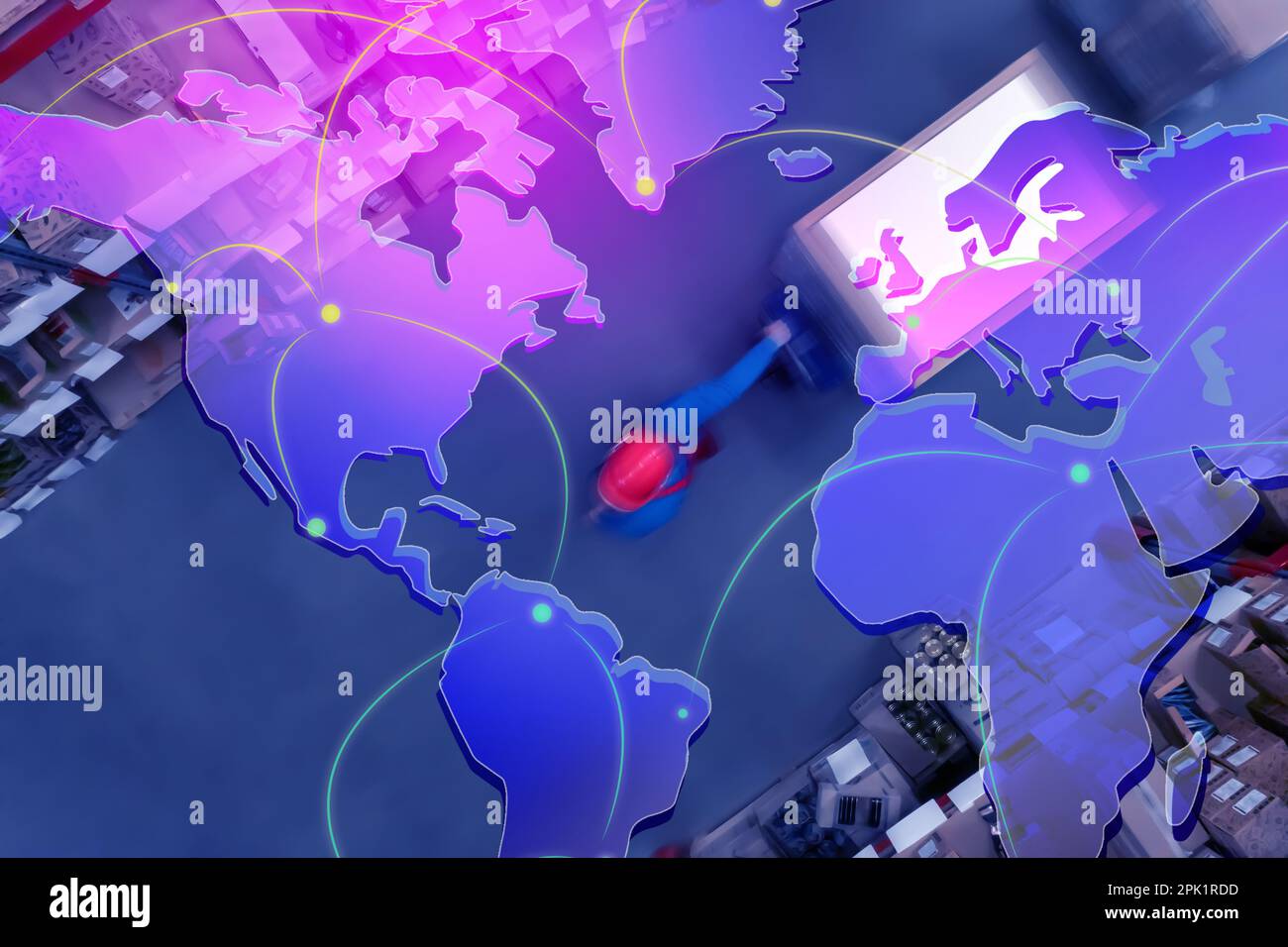 Worldwide logistics. Man working with pallet truck at warehouse and ...